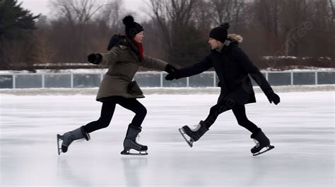 얼어붙은 환경에서 공원 주변에서 스케이트를 타는 커플 재미있는 아이스 스케이팅 사진 배경 일러스트 및 사진 무료 다운로드 Pngtree