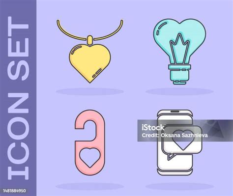 설정 온라인 데이트 앱 및 채팅 하트 모양의 펜던트가있는 목걸이 전구 아이콘에 하트와 하트 모양으로 방해하지 마십시오 벡터 3