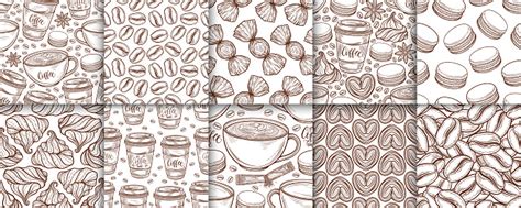 커피 컵 콩 머그컵 마카롱 완벽 한 패턴 세트입니다 벡터 배경 손으로 그린 라인 컬렉션입니다 장식 스케치 낙서 그림 스케치에 대한 스톡 벡터 아트 및 기타 이미지 Istock