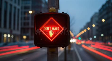 Red Don T Walk Signal Illuminates City Street At Dusk Streaked With