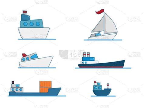 一套船卡通矢量插图平面设计 花瓣网