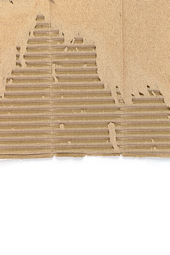 가장자리가 찢어진 골판지 포장용 크래프트 종이 질감 줄무늬 패턴 질감 배경입니다 하얀 배경에 분리된 골판지 조각 평면도 0명에