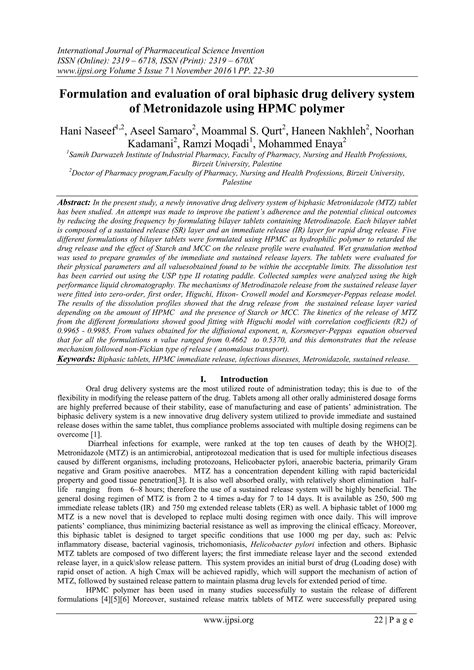 Formulation And Evaluation Of Oral Biphasic Drug Delivery System Of Metronidazole Using Hpmc