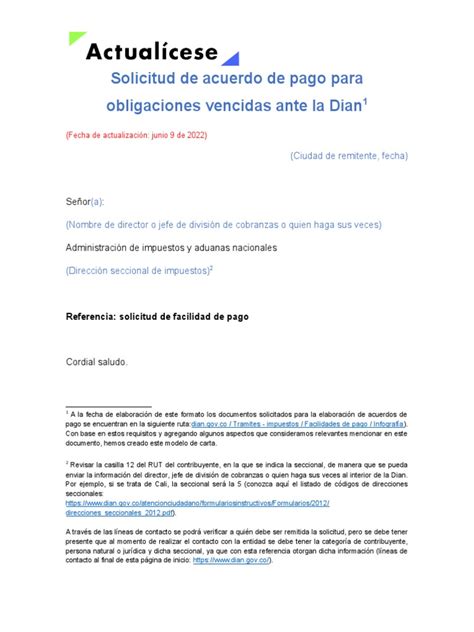 Carta Para Solicitar Acuerdo De Pago Ante La Dian Pdf