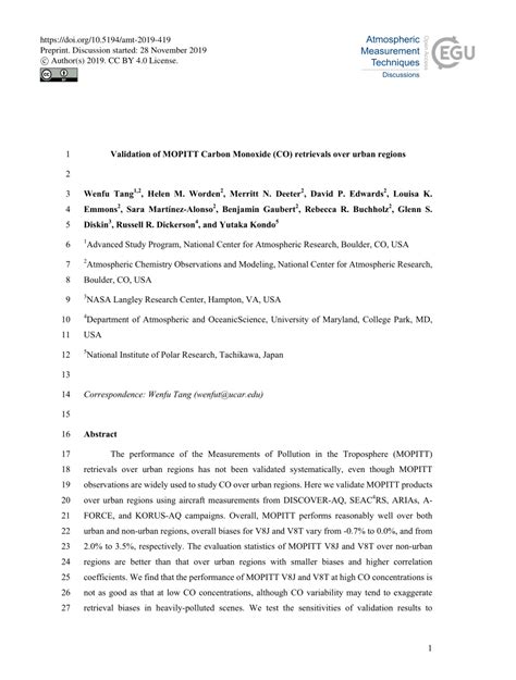 Pdf Validation Of Mopitt Carbon Monoxide Co Retrievals Over Urban