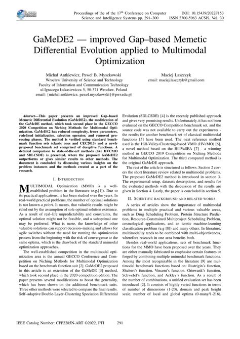 PDF GaMeDE2 Improved Gapbased Memetic Differential Evolution Applied To Multimodal