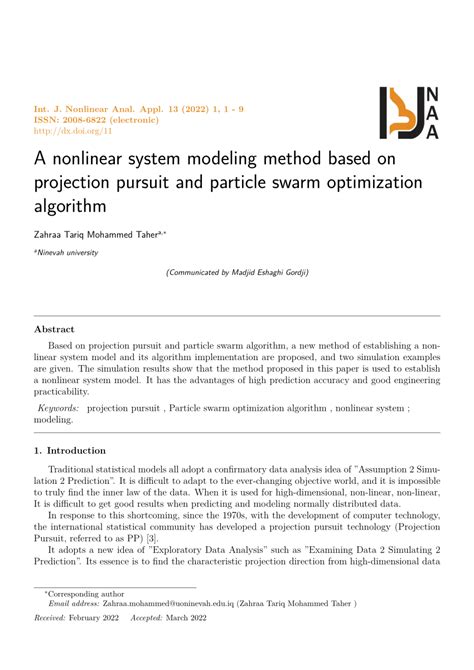 PDF A Nonlinear System Modeling Method Based On Projection Pursuit And Particle Swarm