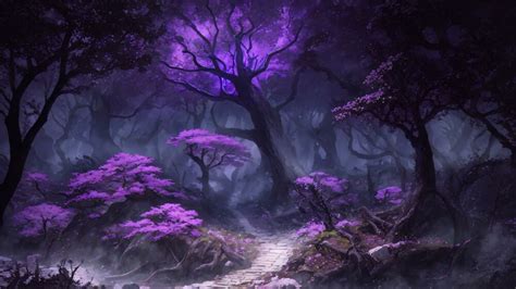 Обои на рабочий стол Фиолетовые деревья в ночном лесу обои для рабочего стола скачать обои
