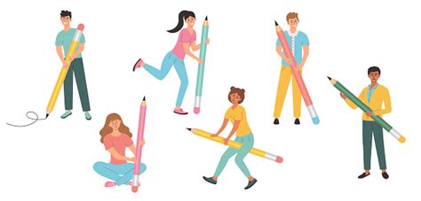 큰 연필을 가진 젊은 남녀들 연필로 재미있는 활동을 하는 학생들 그리기 쓰기 만들기 교육 카피라이팅 및 블로깅 개념 개념에 대한