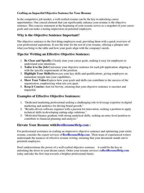 Objective Sentence For Resume Pdf Résumé Experience