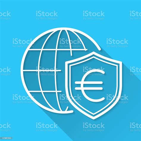 지구본이 있는 유로 방패 파란색 배경에 아이콘 긴 그림자가 있는 평면 디자인 0명에 대한 스톡 벡터 아트 및 기타 이미지 0명 3차원 형태 개념 Istock