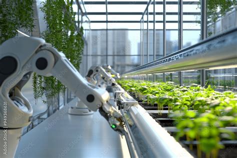 Vertical Farming System With Automated Robots Tending The Plants The Setup Is Sleek And