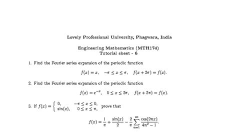 Tutorial Sheet Fourier Series Lovely Professional University