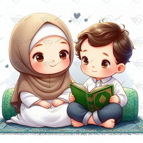 بک گراند کودکانه دختر ناز با حجاب و پسر کوچولو در حال خواندن قرآن کد