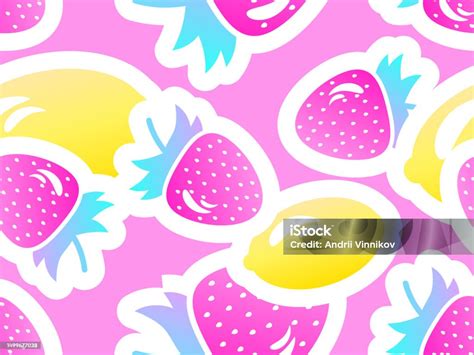 레몬 이음새가 없는 패턴의 딸기 레몬과 딸기의 여름 감귤류 베리 믹스는 3d 스타일의 스트로크입니다 인쇄 직물 및 포스터를 위한 디자인 벡터 그림 3차원 형태에 대한 스톡