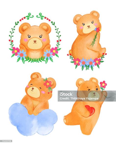 수채화 귀여운 곰 만화 캐릭터 디자인 컬렉션은 배경과 다른 것입니다 벡터 일러스트 레이 션 갈색에 대한 스톡 벡터 아트 및 기타