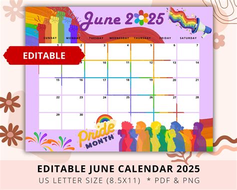 Editable June 2025 Calendar Printable Lgbt Pride Month Queer