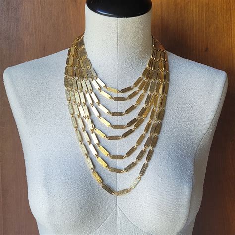 Vintage Long Multi Strand Layered Gold Tone Metal Statement Necklace Etsy