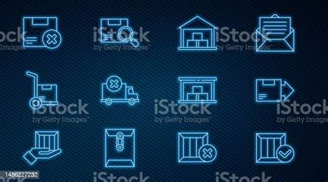 체크 표시가 있는 라인 나무 상자 판지 판지 창고 배달 화물 트럭 차량 손 및 상자 삭제 및 패키지 검색 아이콘을 설정합니다 벡터 감시에 대한 스톡 벡터 아트 및 기타