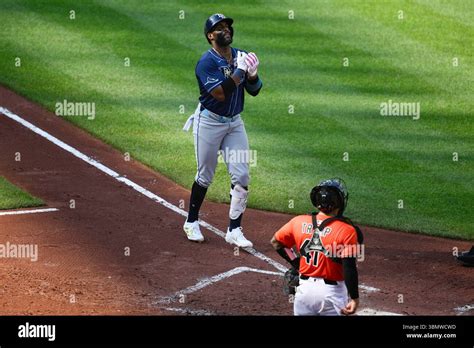 Tampa Bay Rays Yandy Diaz Left Celebrates His Three Run Home Run