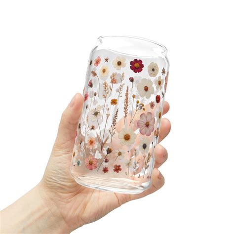 Pressed Flowers Glass Jar With Lid And Straw Wildflowers Glass Tumbler