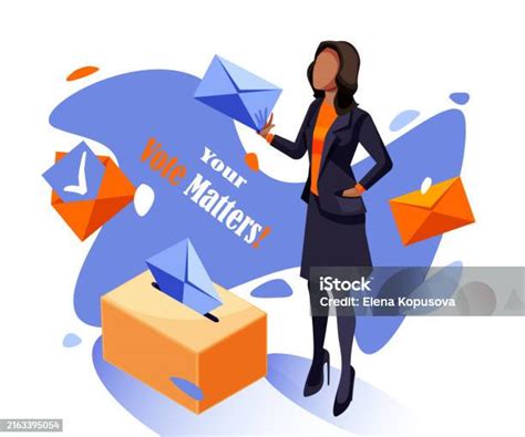 플랫 스타일의 선거 투표 개념입니다 2024년 미국 대통령 선거 배너 디자인 한 젊은 여성이 선거에서 투표한다 선거 투표를 위한 포스터 Voter Id에 대한 스톡 벡터