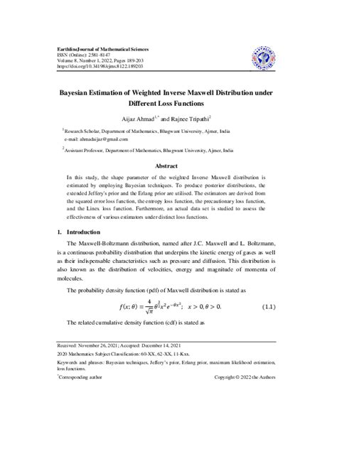 Pdf Bayesian Estimation Of Weighted Inverse Maxwell Distribution