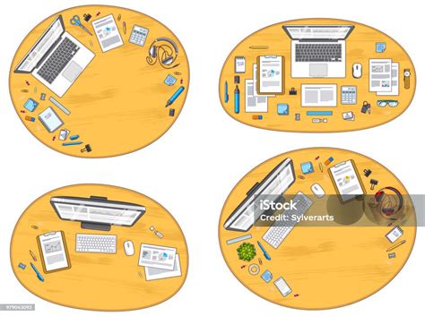 작업 책상 작업 영역 상단 보기 Pc 또는 노트북과 다른 편지지 개체 및 문서 분석의 많은 함께 테이블에 위에 봐 모든 요소는 별도로 사용 하기 쉽습니다 벡터 집합입니다 3