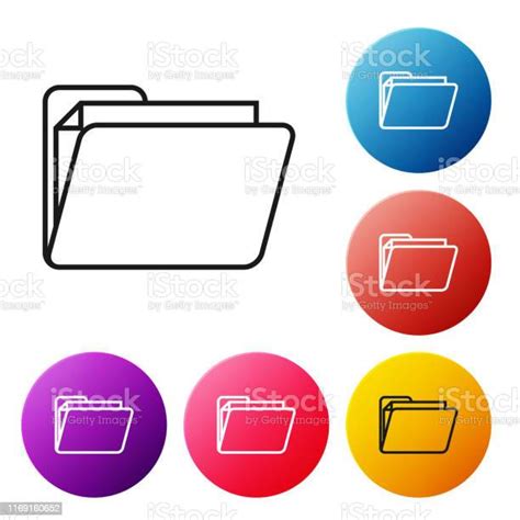 흰색 배경에 격리된 검정색 선 문서 폴더 아이콘입니다 회계 바인더 기호입니다 부기 관리 아이콘 다채로운 원 버튼을 설정합니다 벡터 일러스트레이션 파일바인더에 대한 스톡 벡터