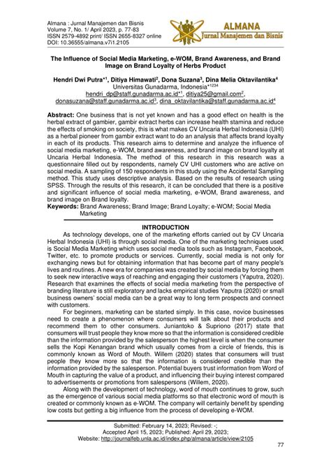 Pdf The Influence Of Social Media Marketing E Wom Brand Awareness And Brand Image On Brand