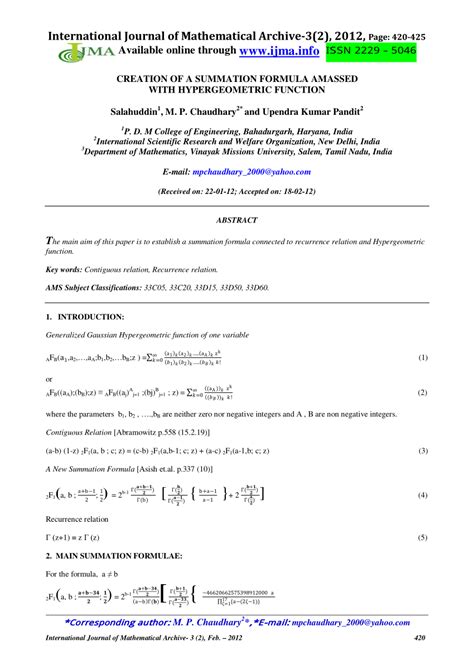 Pdf Creation Of A Summation Formula Amassed With Hypergeometric Function
