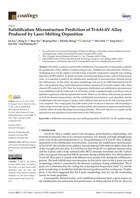 Pdf Solidification Microstructure Prediction Of Ti 6al 4v Alloy Produced By Laser Melting