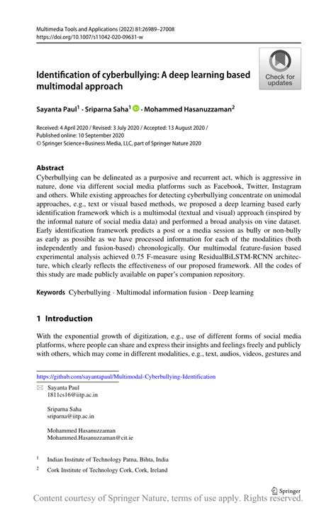Identification Of Cyberbullying A Deep Learning Based Multimodal Approach Request Pdf