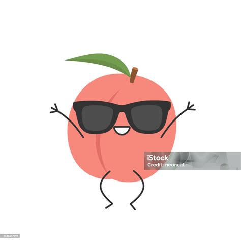 복숭아 점프 인사말 귀여운 캐릭터 만화 육즙이 많은 달콤한 과일 웃는 얼굴 쾌활한 카와이 기쁨 행복 감정 아이콘 벡터 일러스트레이션 건강한 식생활에 대한 스톡 벡터 아트 및