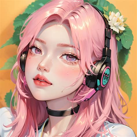 분홍색 머리와 헤드폰을 가진 애니메이션 소녀 Seaart Ai