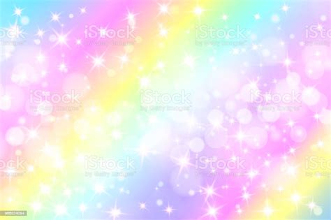 파스텔 컬러에 홀로그램 벡터 일러스트입니다 판타지 배경입니다 유니콘에 대 한 레인 보우와 함께 파스텔 하늘입니다 구름 그리고