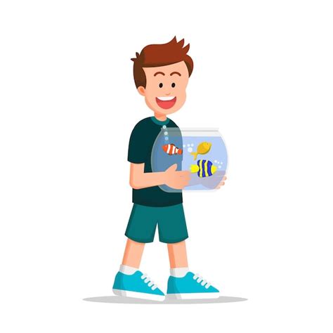 Menino Bonito Segurando Um Aquário Contendo Seu Peixe De Estimação
