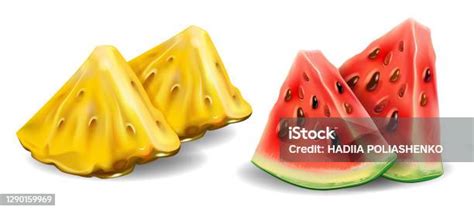 3d의 사실적인 신선한 과일 파인애플 수박 하얀 배경에 고립 된 육즙과 열매 사실적인 과일 펄프 아이콘 세트 벡터 일러스트레이션 자유에 대한 스톡 벡터 아트 및 기타 이미지