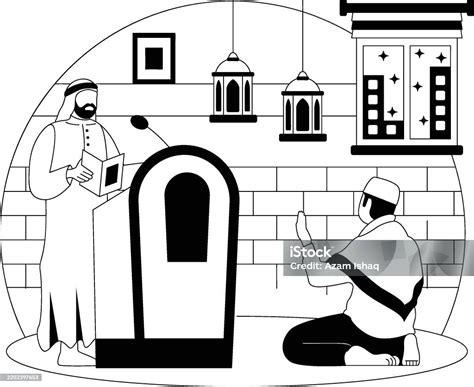 Khatib 착용 해동 동안 금요일기도 개념 공식 행사 벡터 아이콘 디자인 라마잔 및 이드 알 피트 르 기호 무슬림 금식 달 이야기 아랍 휴일 그림에 공개 설교