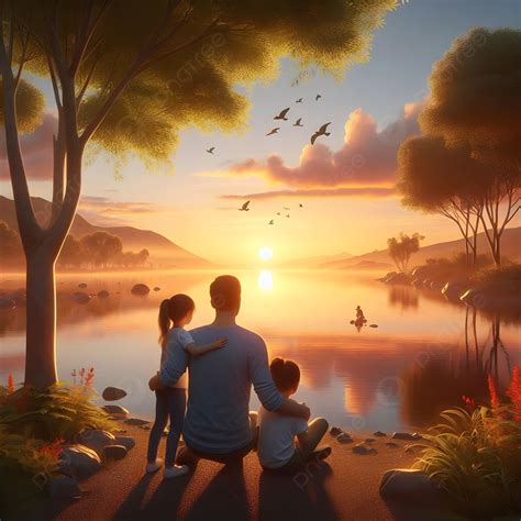 Fondo Padre Y Sus Hijos Con Una Tranquila Sensación De Puesta De Sol