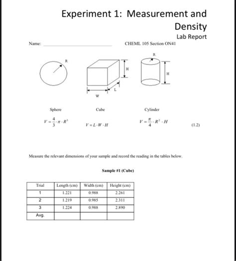 Solved Experiment 1 Measurement And Density Lab Report