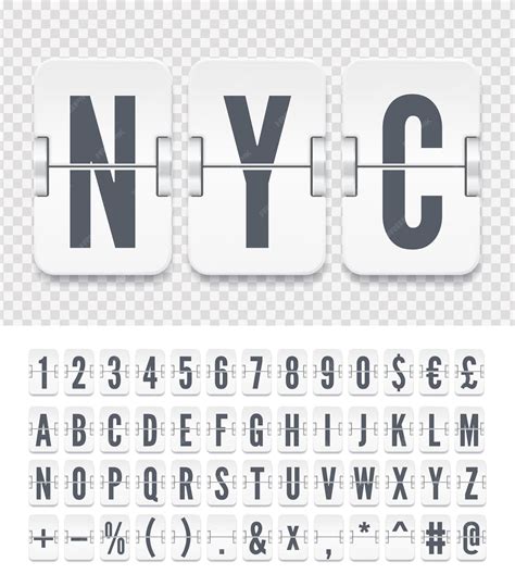 항공편 출발 또는 도착 정보를 위한 좁은 흰색 플립 보드 글꼴 공항 터미널 기계적 스코어보드 알파벳은 목적지 및 시간표 벡터 일러스트레이션을 표시합니다 프리미엄 벡터