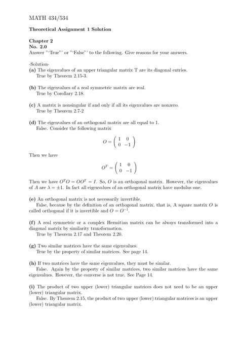 Theoretical Assignment 1 With Solution Numerical Linear Algebra Math 434 Docsity