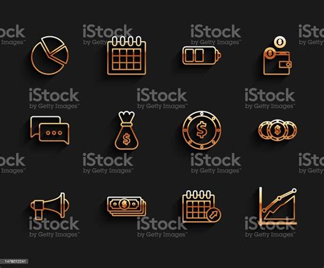 라인 메가폰 스택 지폐 현금 파이 차트 인포 그래픽 달력 돈 가방 달러 기호와 아이콘이있는 동전을 설정합니다 벡터 0명에 대한