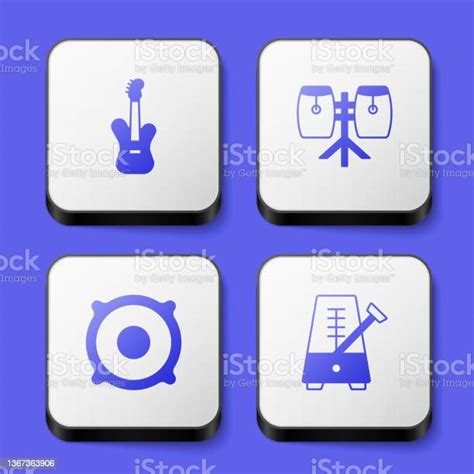 진자 아이콘전기베이스 기타 콩가 드럼 스테레오 스피커 메트로놈을 설정합니다 흰색 정사각형 버튼 벡터 기계 부분에 대한 스톡 벡터 아트 및 기타 이미지 Istock