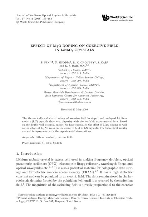 Pdf Effect Of Mgo Doping On Coercive Field In Linbo3 Crystals