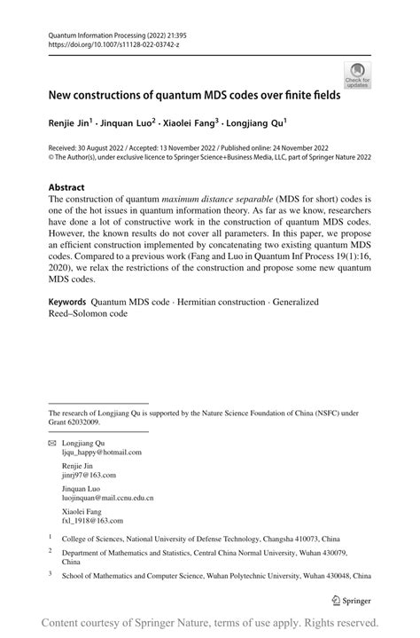 New Constructions Of Quantum Mds Codes Over Finite Fields Request Pdf