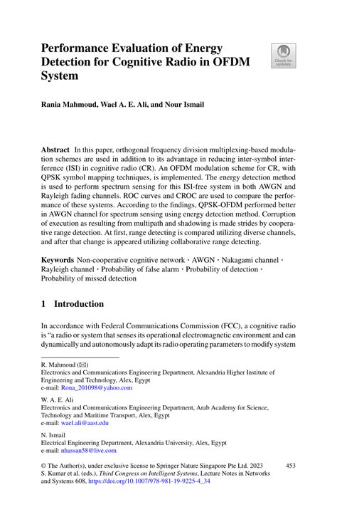 Pdf Performance Evaluation Of Energy Detection For Cognitive Radio In Ofdm System