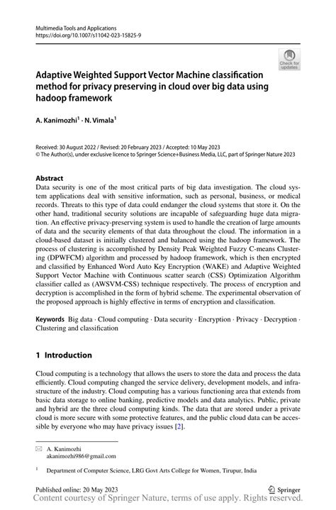 Adaptive Weighted Support Vector Machine Classification Method For Privacy Preserving In Cloud