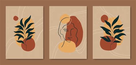 세 가지 추상 미학 중반 세기 현대 라인 아트 얼굴 초상화 및 잎 현대 Boho 포스터 표지 템플릿 집합입니다 프리미엄 벡터